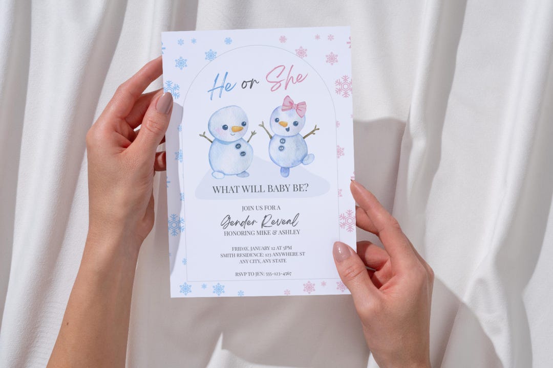 Winter Gender Reveal Snowman Theme Invitation Template: Editable He or ...