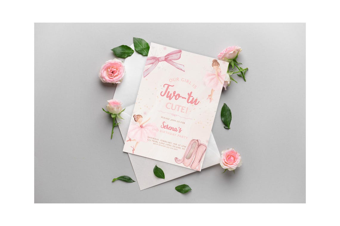 Two-tu Cute 2nd Birthday Invitation Template, Ballet Birthday Theme ...