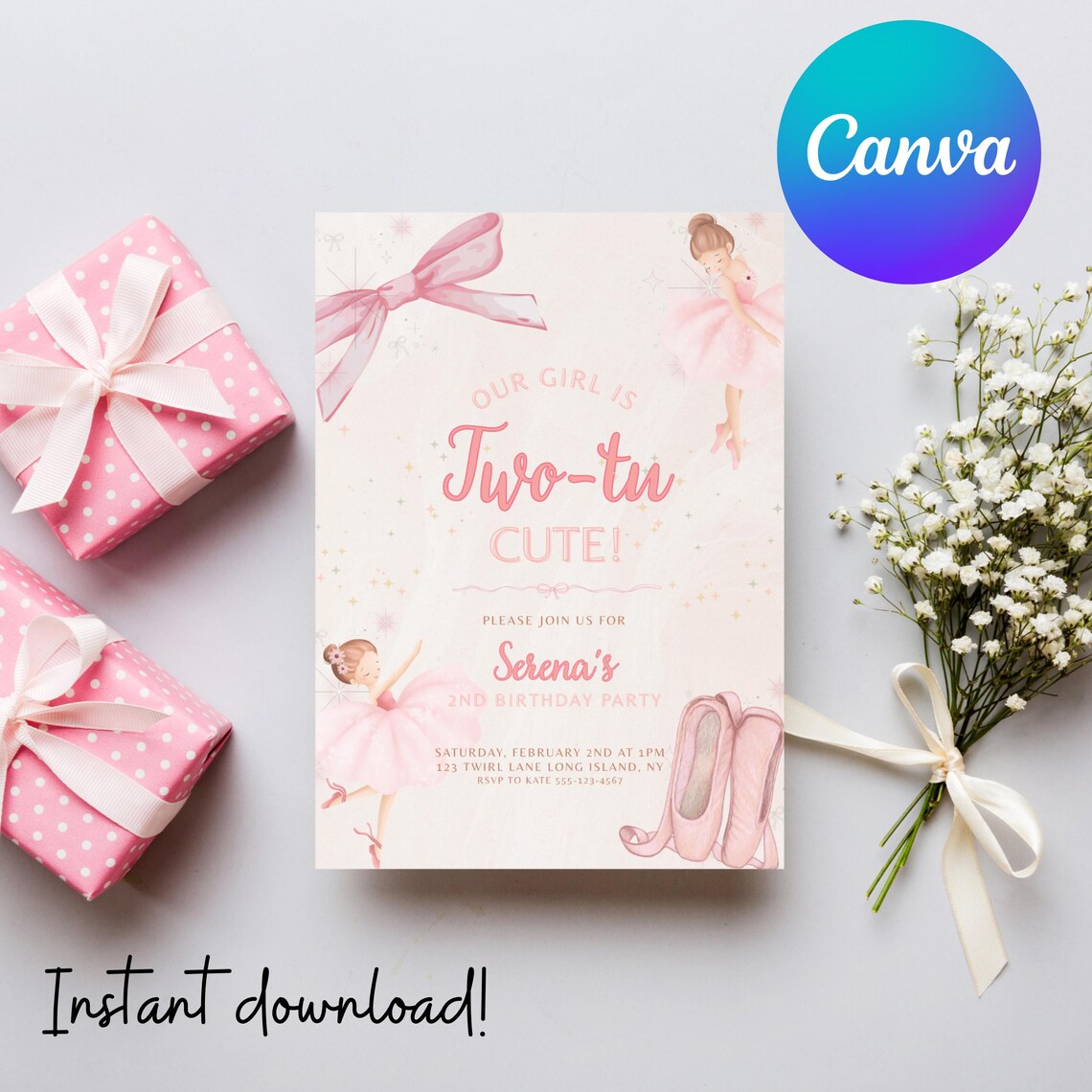 Two-tu Cute 2nd Birthday Invitation Template, Ballet Birthday Theme ...