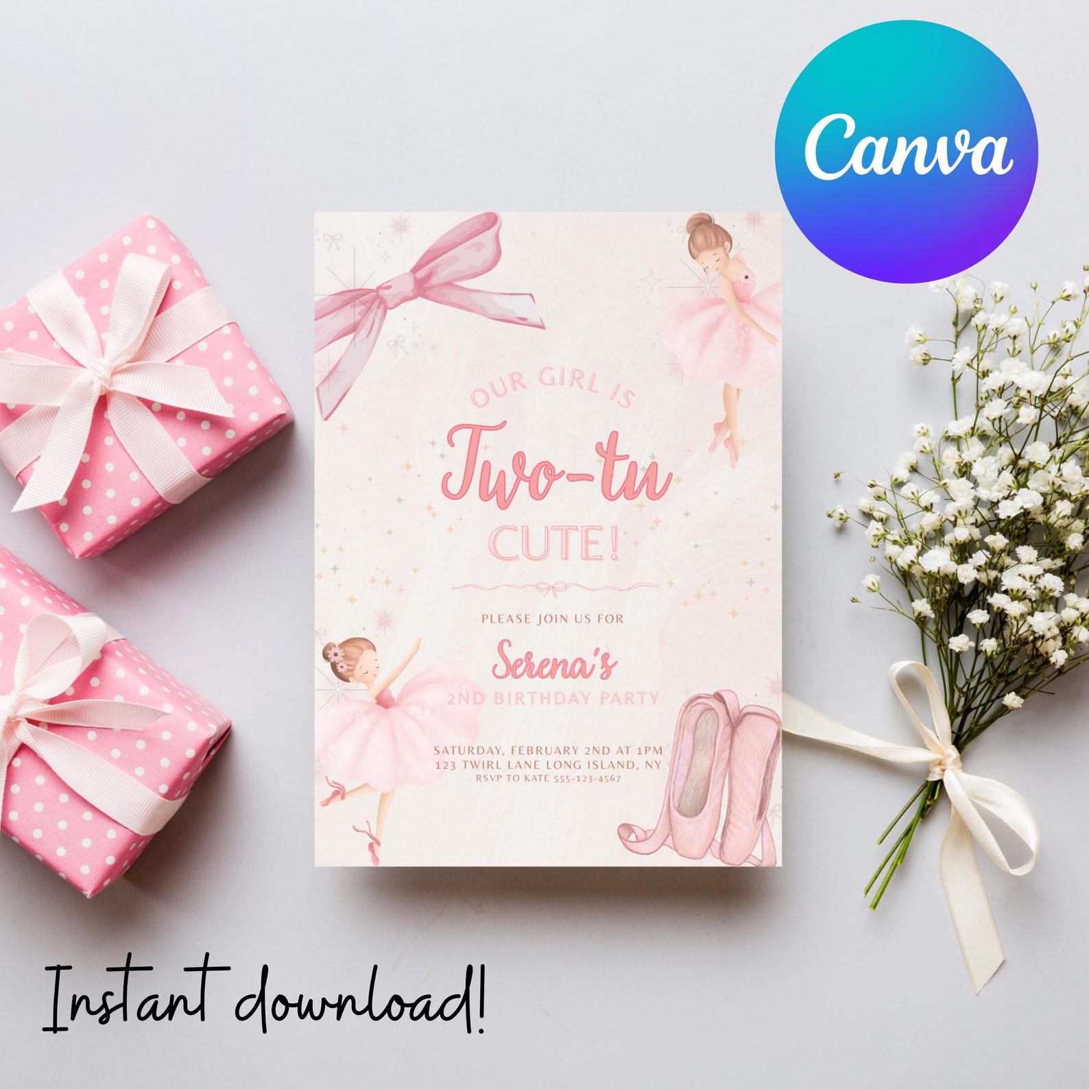 Two-tu Cute 2nd Birthday Invitation Template, Ballet Birthday Theme ...