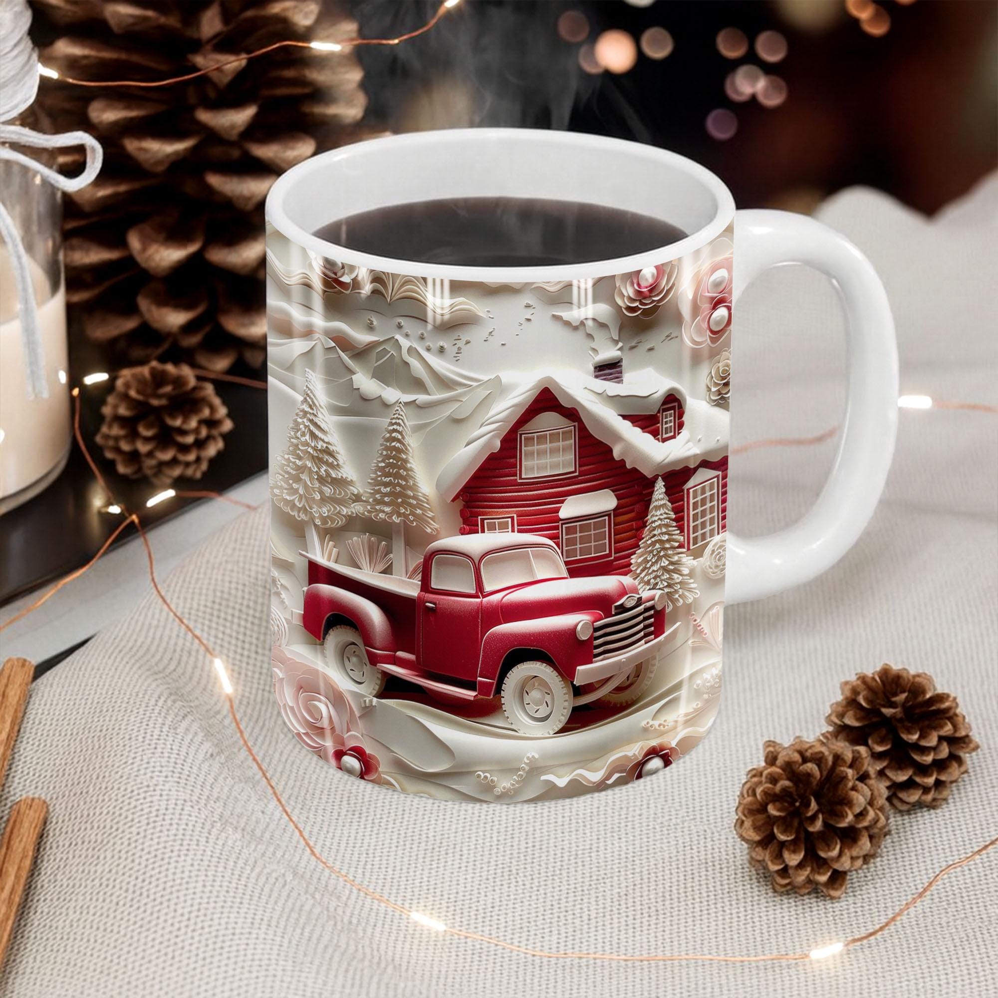Christmas Truck 3D Effect Coffee Mug, Red Truck Holiday Cup, Merry ...