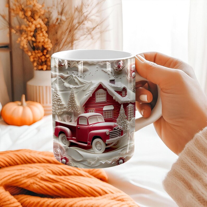 Christmas Truck 3D Effect Coffee Mug, Red Truck Holiday Cup, Merry ...