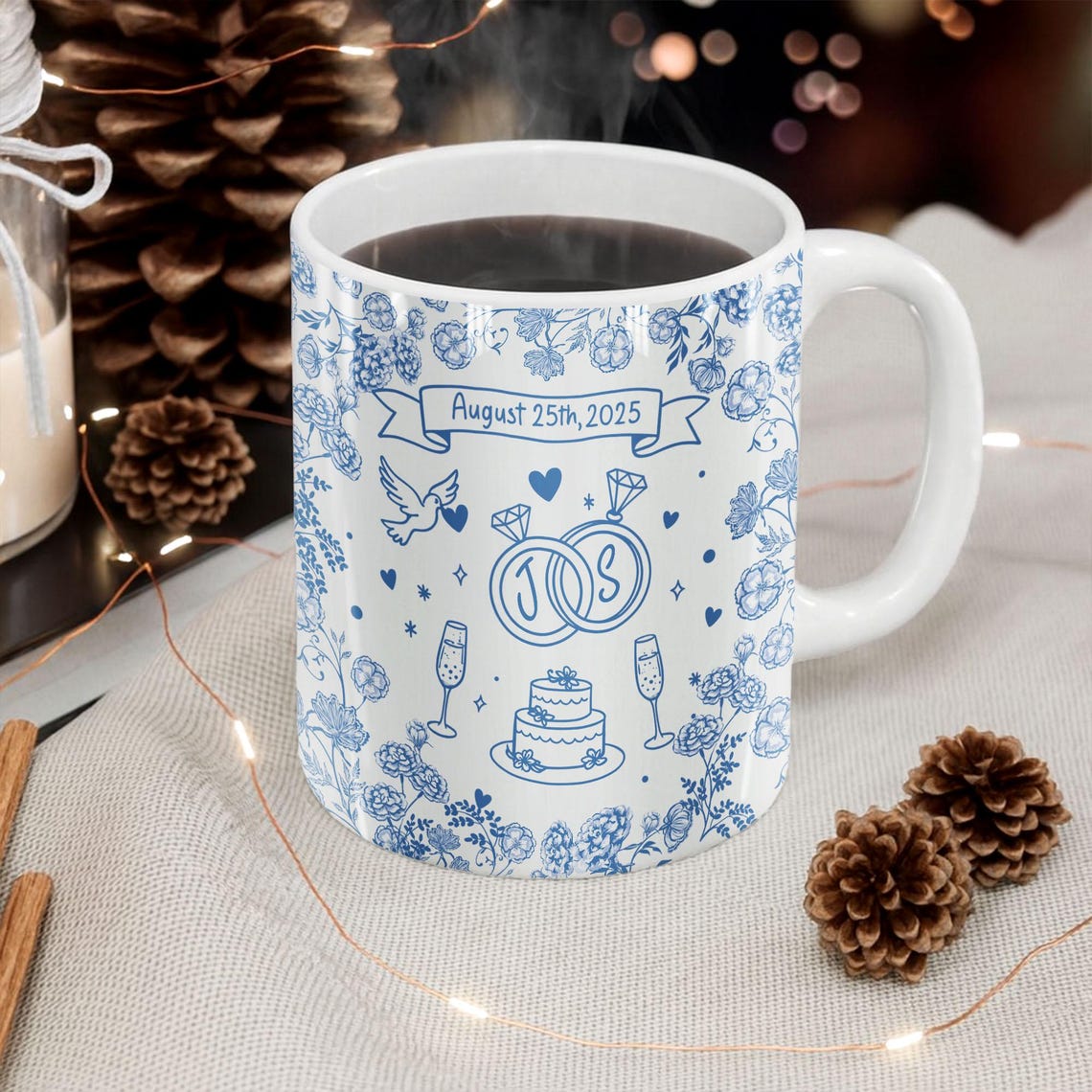 Personalized Engaged Couple Mug Blue Toile, Custom Newly Engaged Gift ...