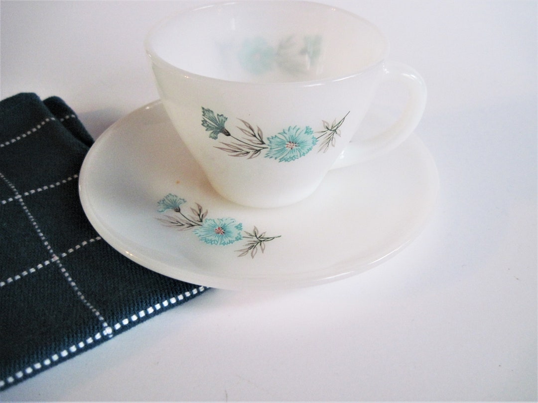 Fire King Cup and Saucer, Boutonniere Pattern, Milk Glass, Blue ...