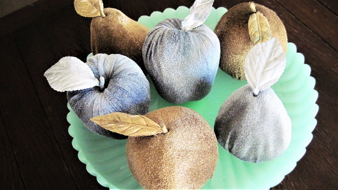 Gold and Silver Pears and Apples, Choice of 2 Pieces, Velvet Faux Fruit ...