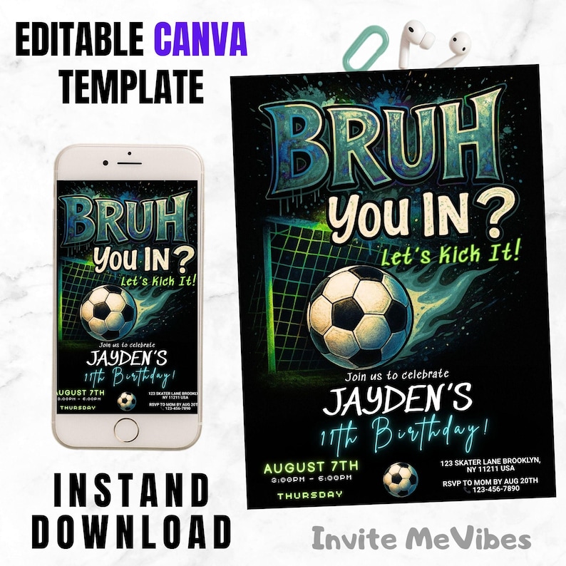 Soccer Birthday Invitation for Boys, Editable BRUH You in 11th Birthday ...