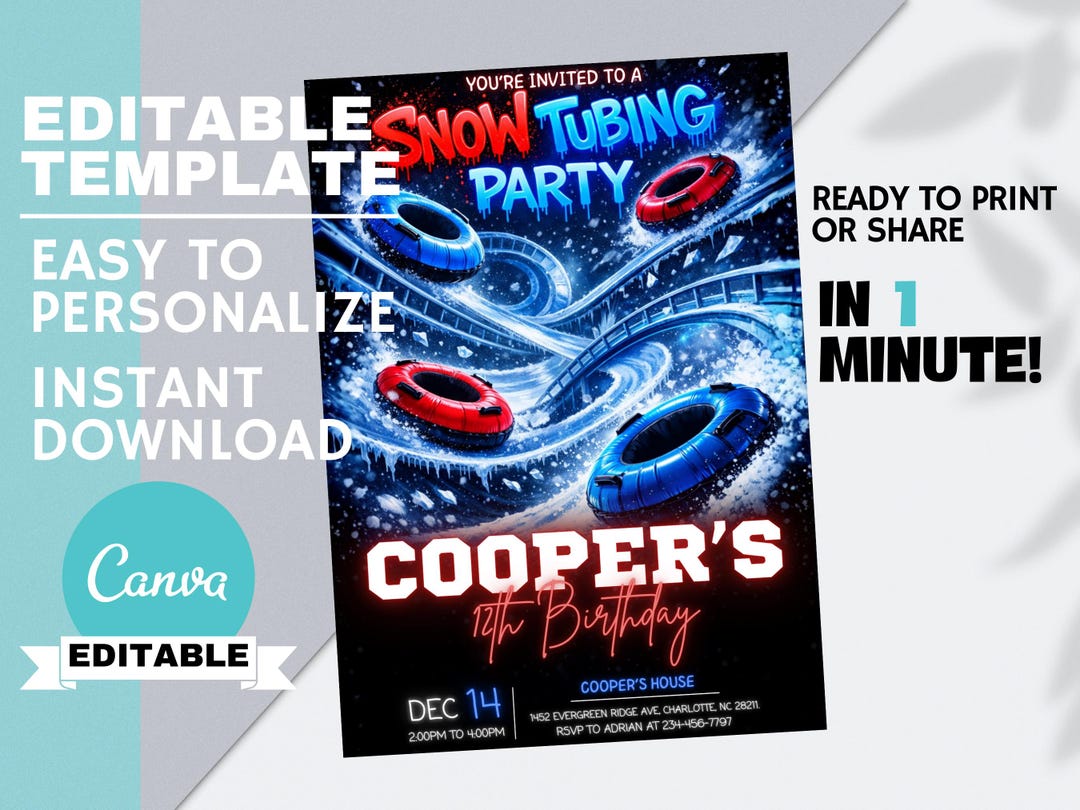 Editable Snow Tubing Birthday Invitation, Teen Boys Winter Adventure ...