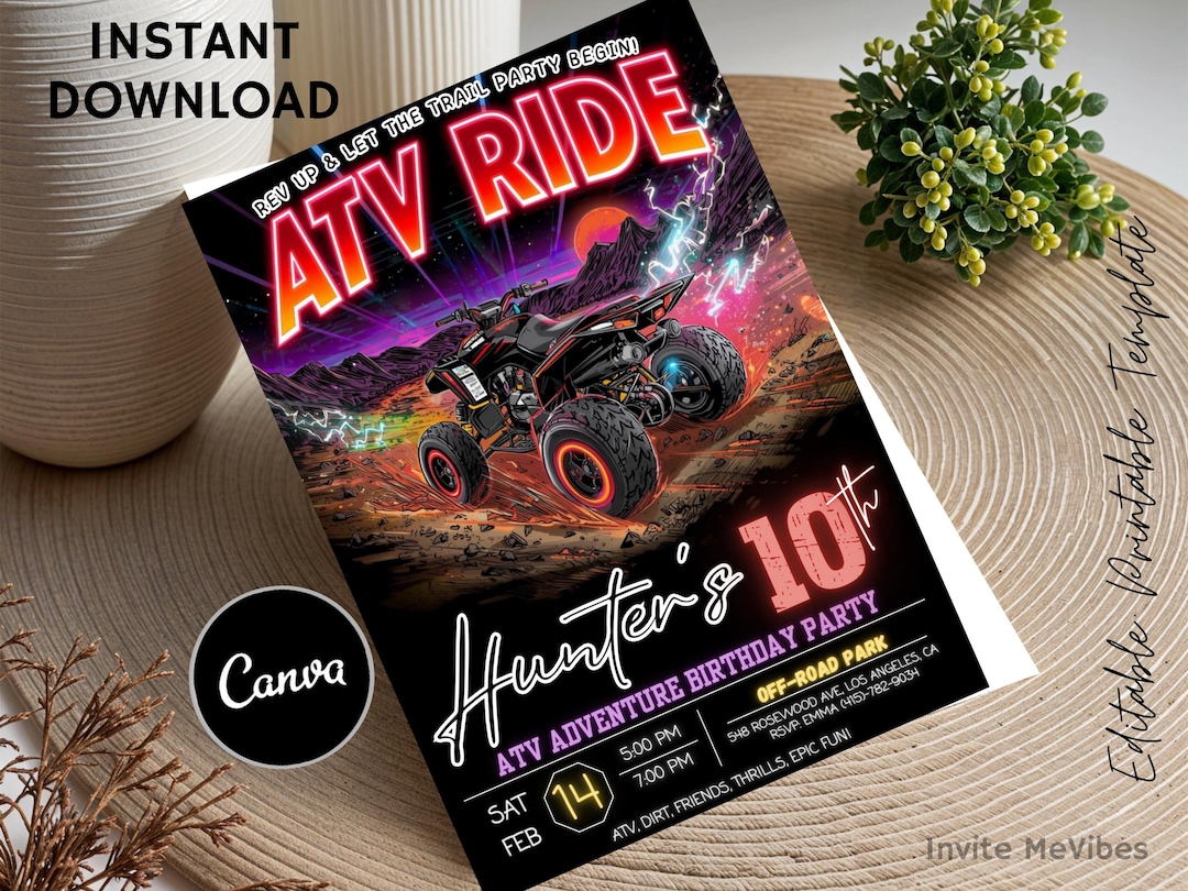 ATV Birthday Invitation, Off-road Party, Dirt Trail Ride, Boys ...