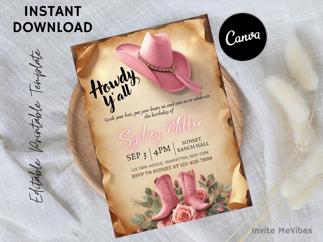 Rustic Cowgirl Birthday Invitation | Howdy Y’all Western Party | Pink ...