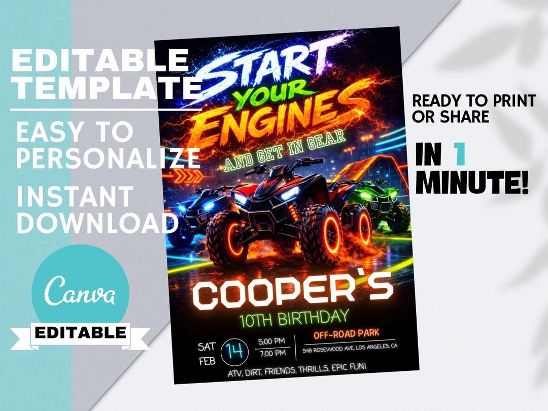ATV Adventure Ride Birthday Invitation, Neon off Road Party, Teen Boys ...