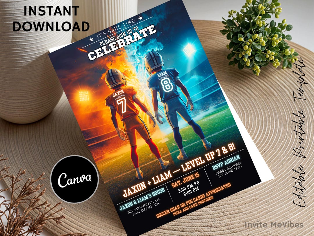 Joint Soccer Birthday Invitation, Double Football Invite for Boys ...