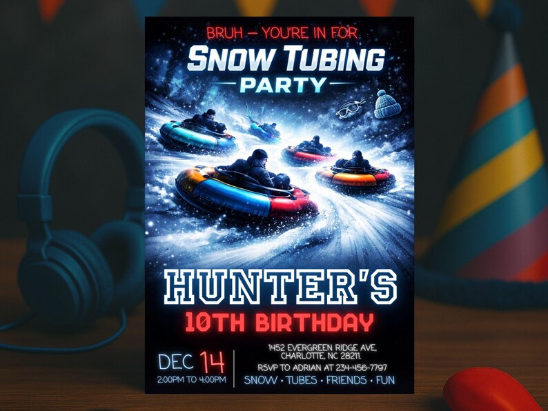 Snow Tubing Birthday Invitation, Teen Winter Adventure Party Editable ...