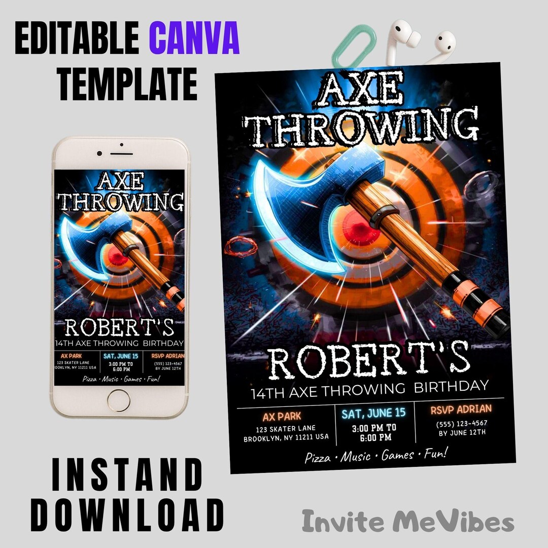 Axe Throwing Birthday Invitation | Target Game Party Editable Canva ...