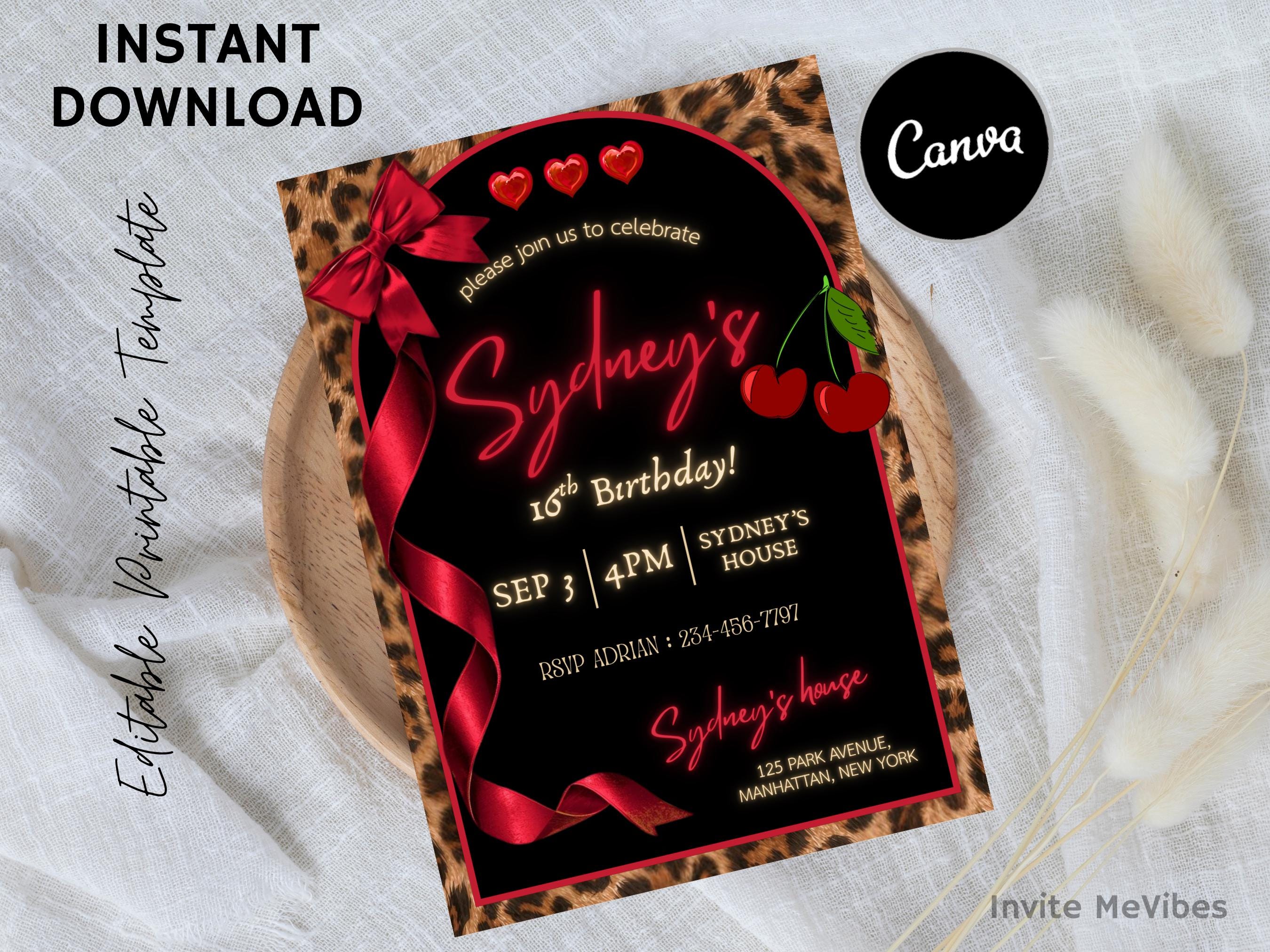 Cheetah Cherries Birthday Invitation | Red Bow Glam Party Invite | Neon ...