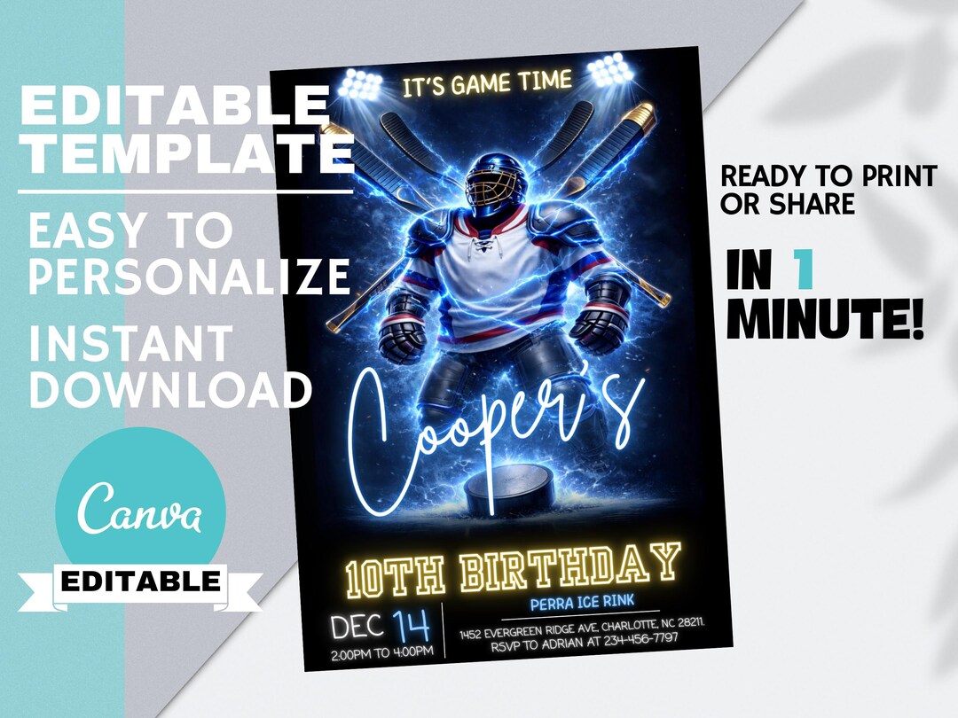 Customizable Hockey Birthday Invitation, Teen Boys Game Time Sports ...