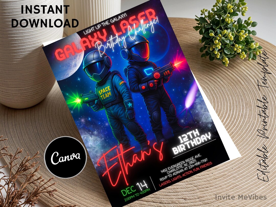 Galaxy Laser Birthday Invitation, Space Battle Party, Boys Neon Game ...