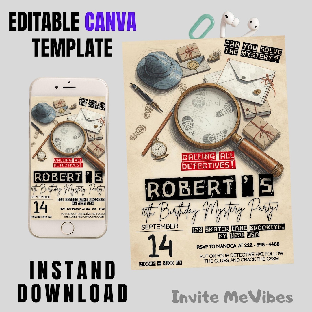 Detective Mystery Birthday Invitation, Editable Printable Mystery Party ...