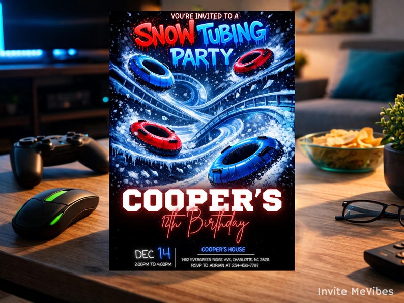Editable Snow Tubing Birthday Invitation, Teen Boys Winter Adventure ...