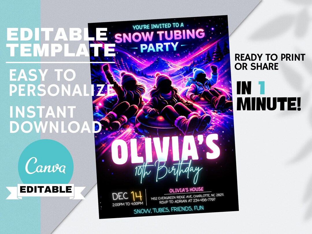 Girl Snow Tubing Birthday Invitation, Winter Adventure Party, Kids Neon ...