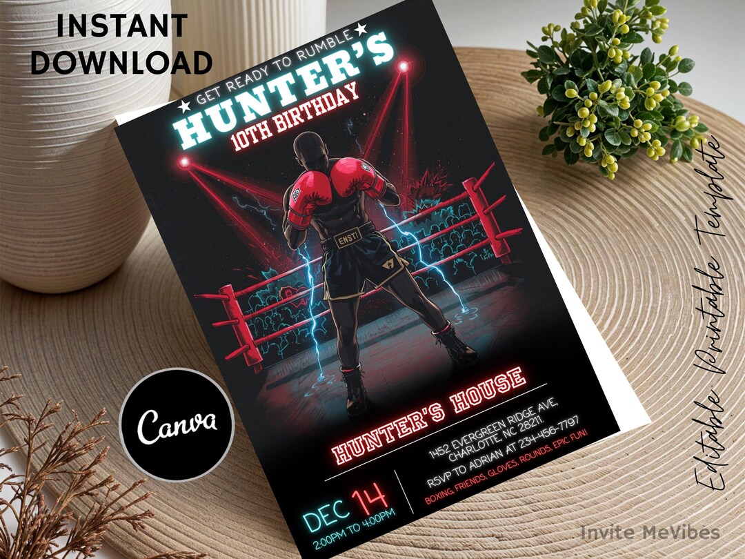 Boxing Birthday Invitation, Neon Fight Night Party, Kids & Teens Boxer ...