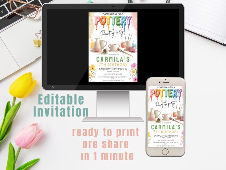 Pottery Painting Birthday Invitation, Colorful Art Invite, Clay Studio ...