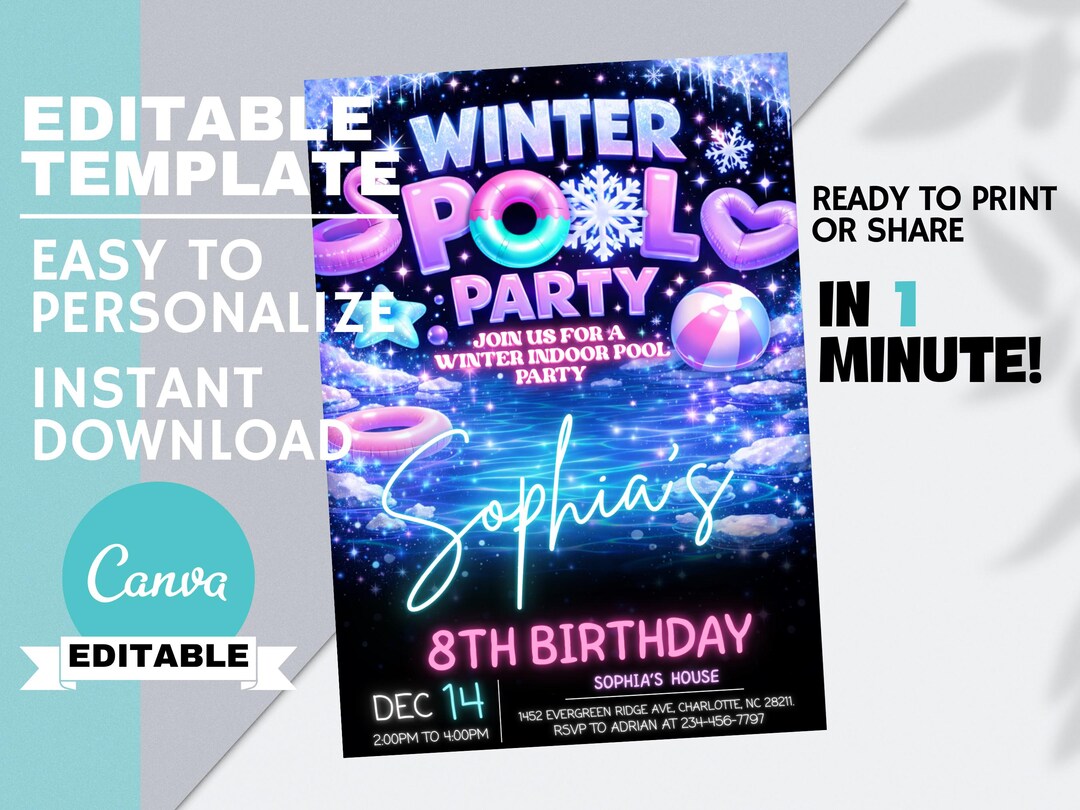 Snowy Pool Party Birthday Invitation, Girls Indoor Swimming Invite ...