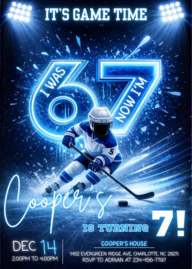 6-7 Meme Ice Hockey Birthday Invitation, Six Seven Sports Party Invite ...