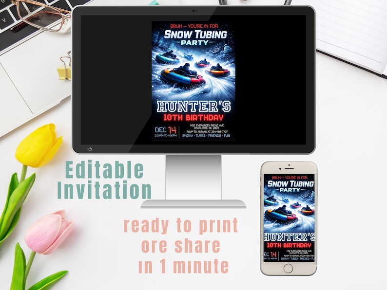 Snow Tubing Birthday Invitation, Teen Winter Adventure Party Editable ...