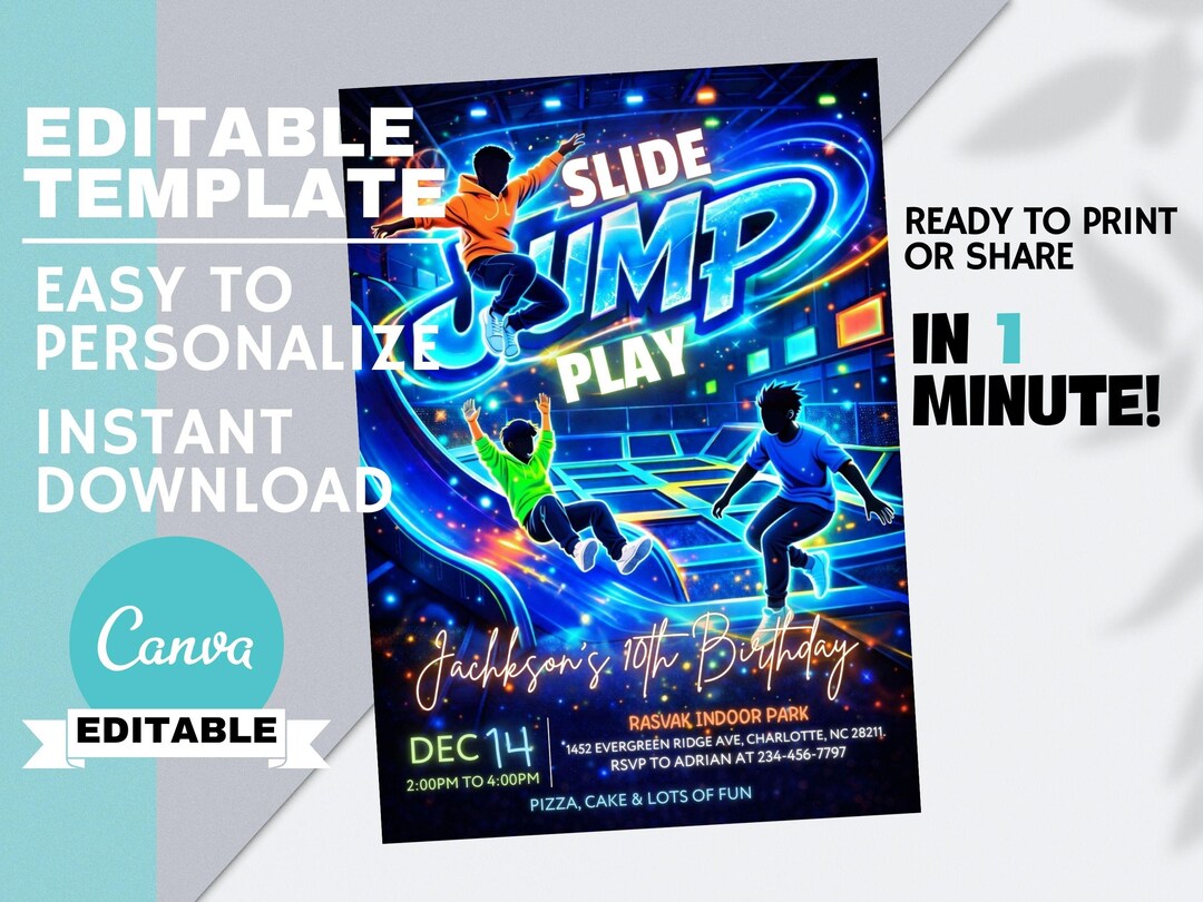 Boys Indoor Jump Birthday Invitation Trampoline Park Party Teen Tween ...