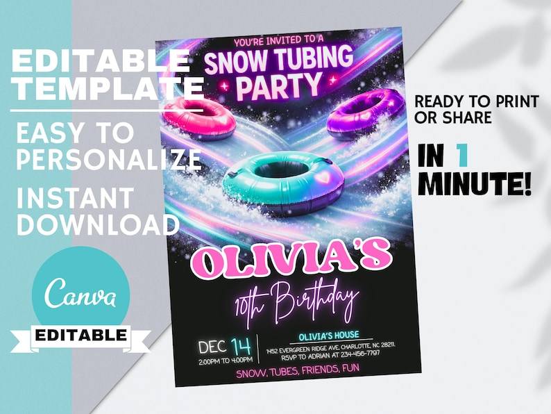 Snow Tubing Birthday Invitation, Teen Girls Winter Adventure Party ...