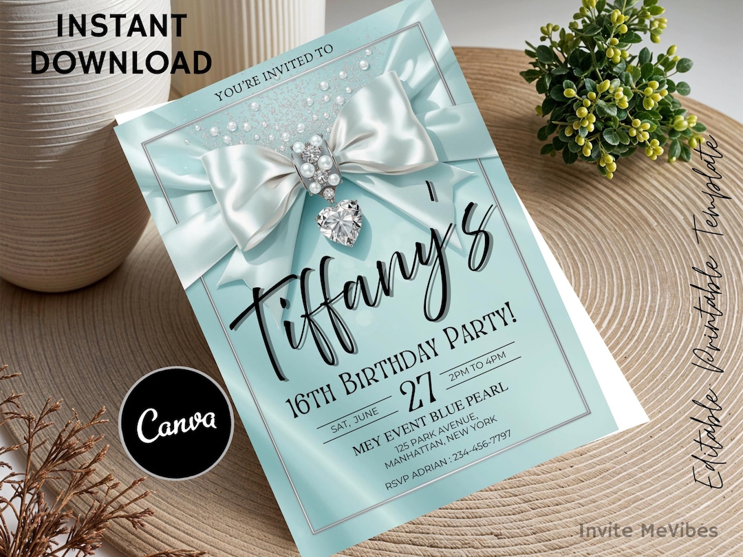 Tiffany Birthday Invitation, Any Age Elegant Party, Luxury Bow Diamond ...