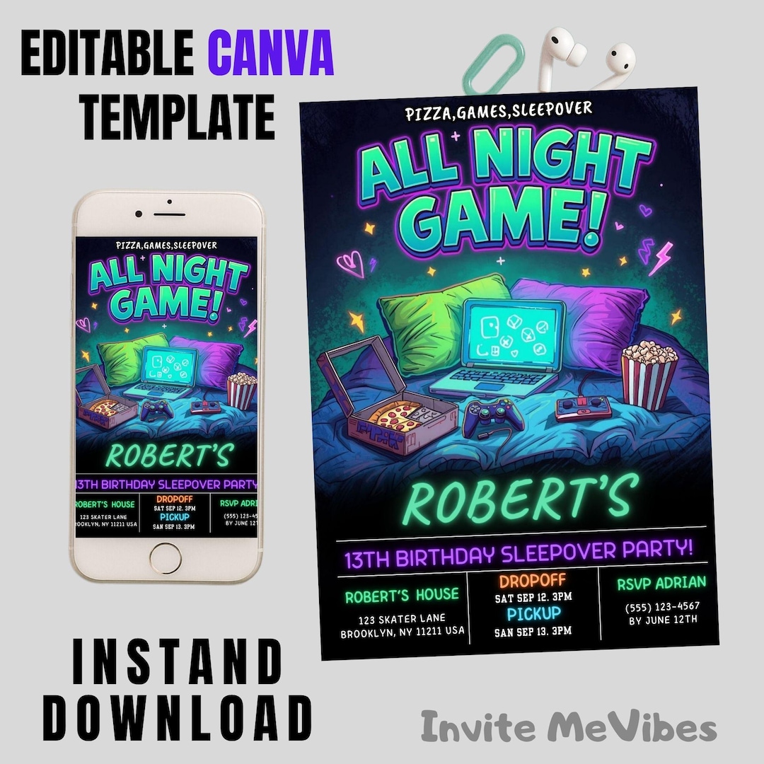 All Night Game Invitation, Sleepover Birthday Neon Gaming Celebration ...