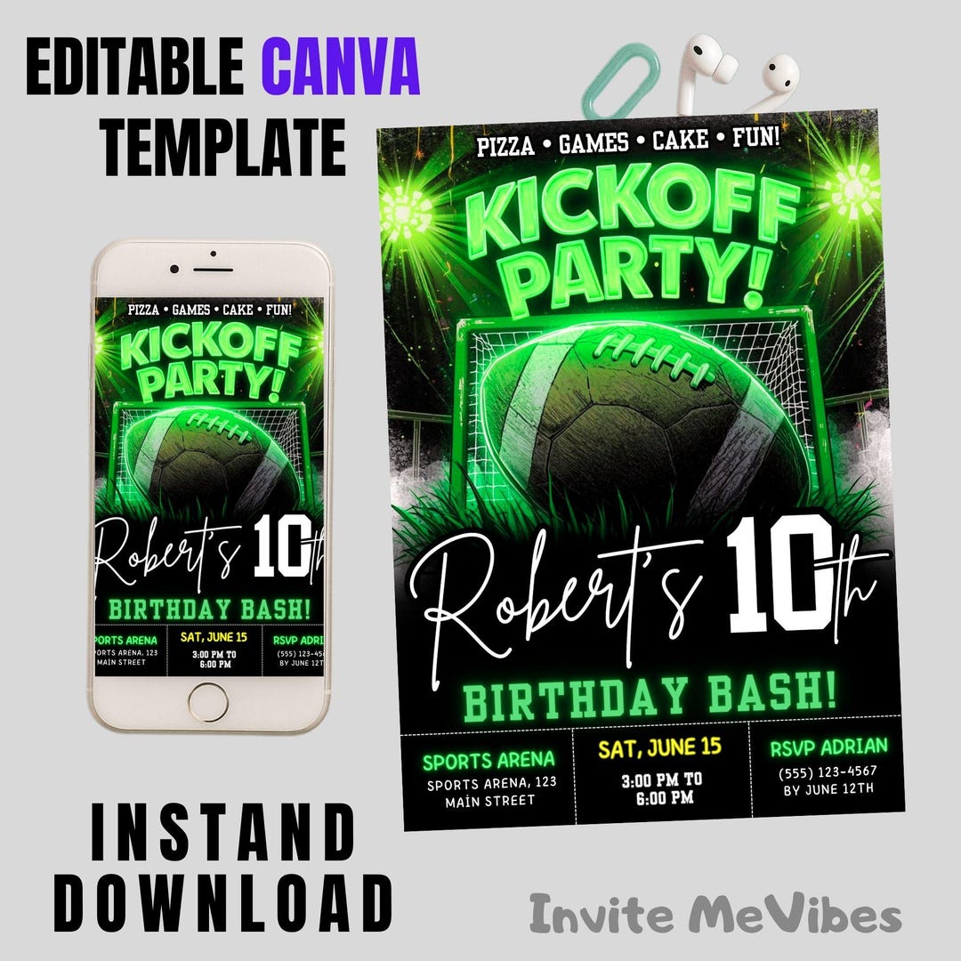 Kickoff Party Birthday Invitation, Neon Football Game Night Bash ...
