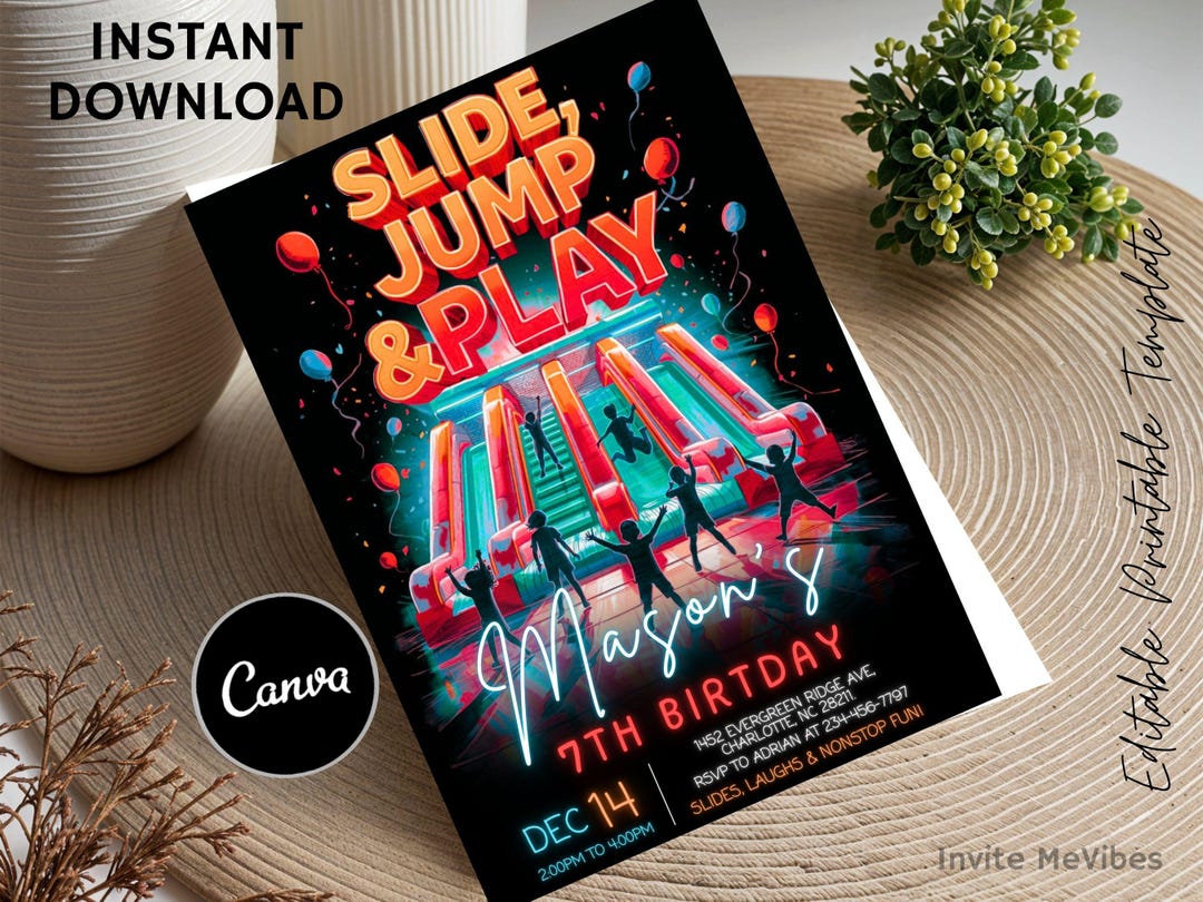 Indoor Slide Birthday Invite, Playground Jump Party, Neon City Bounce ...
