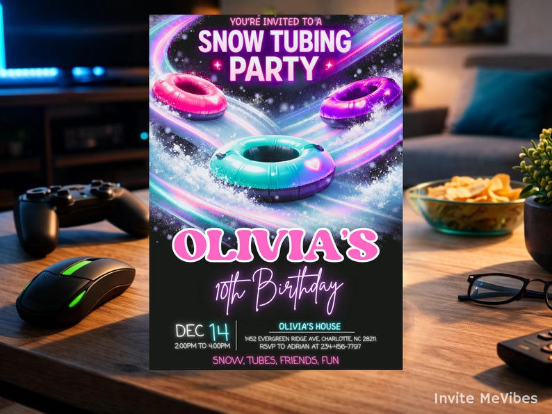 Snow Tubing Birthday Invitation, Teen Girls Winter Adventure Party ...