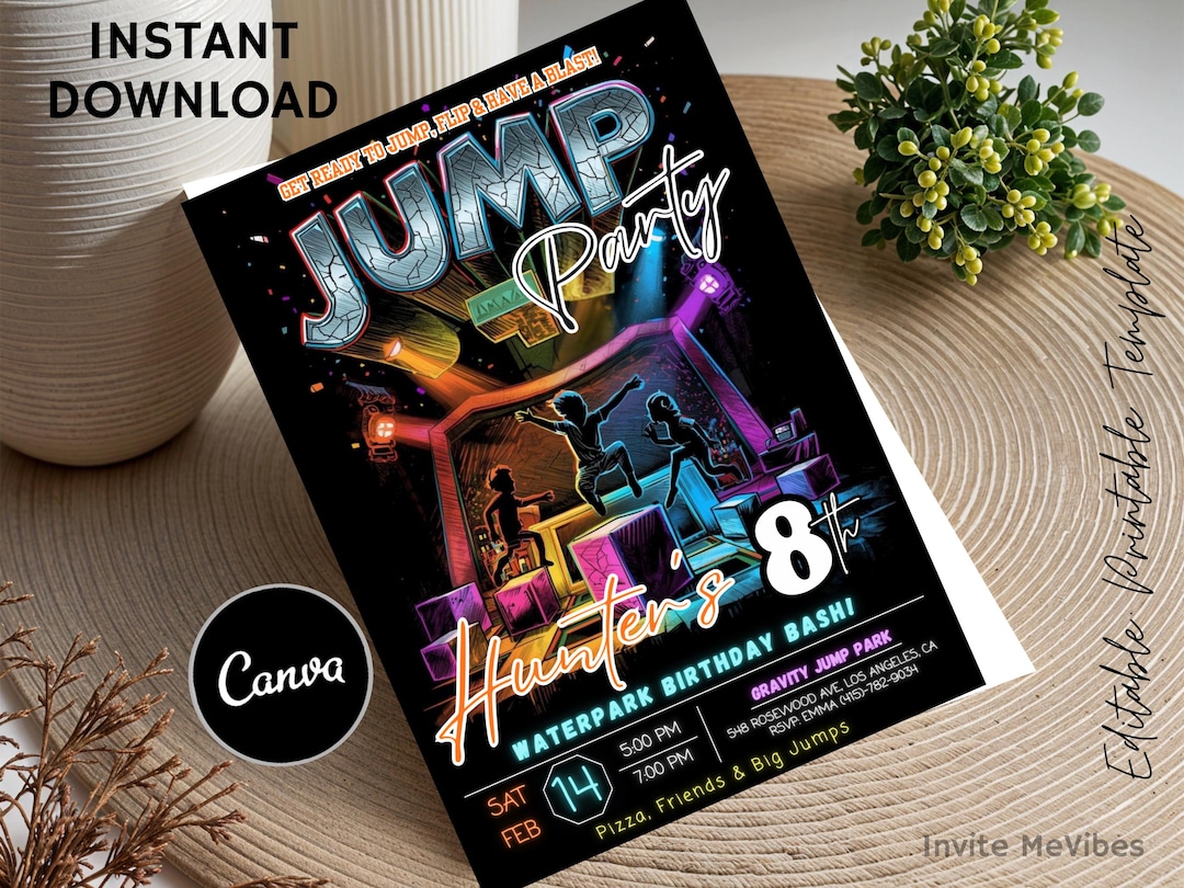 Jump Park Birthday Invitation, Neon Trampoline Party, Bounce Adventure ...