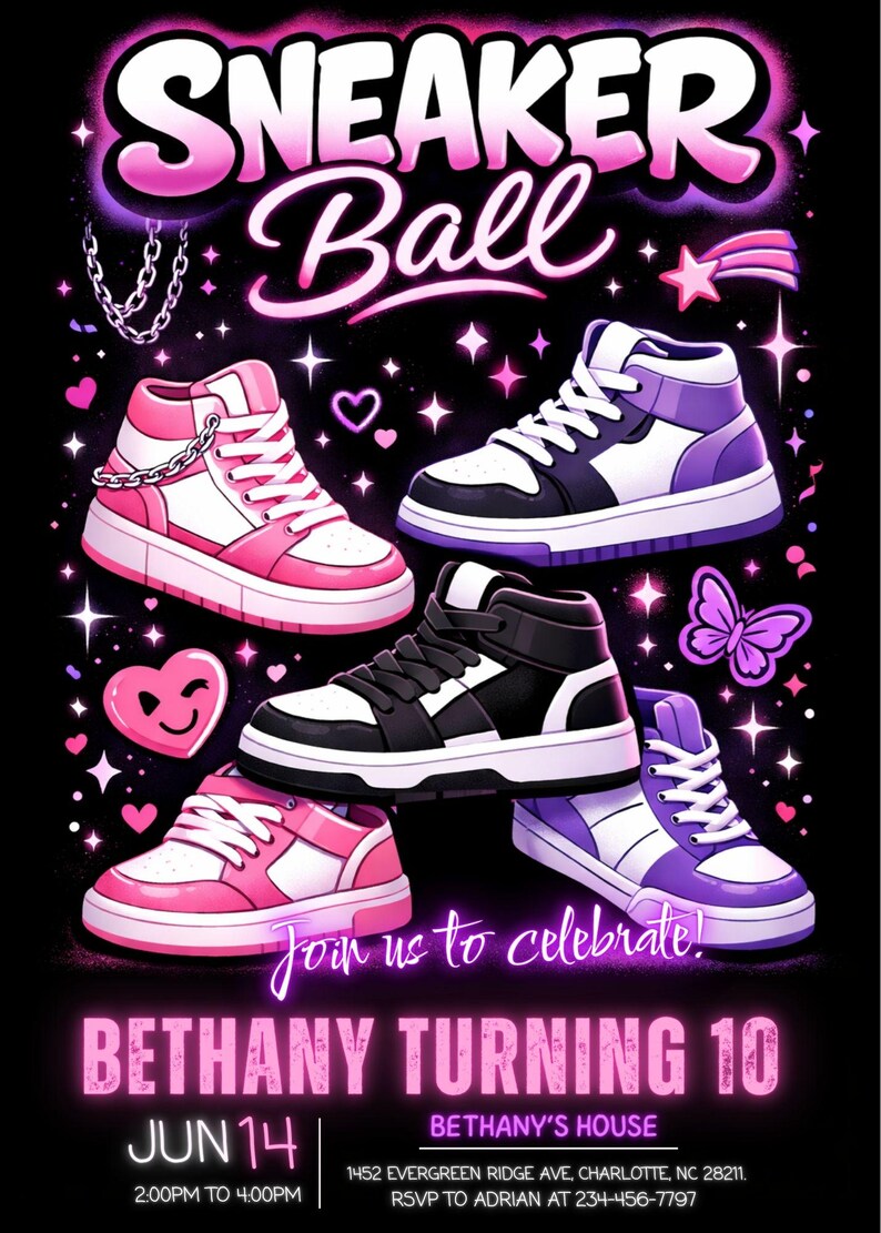 Sneaker Ball Birthday Invitation, Girls Fashion Party Theme, Pink ...