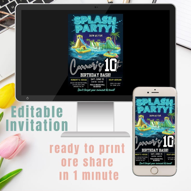 Aqua Park Splash Invitation, Water Slide Birthday Bash, Water Park Pool ...