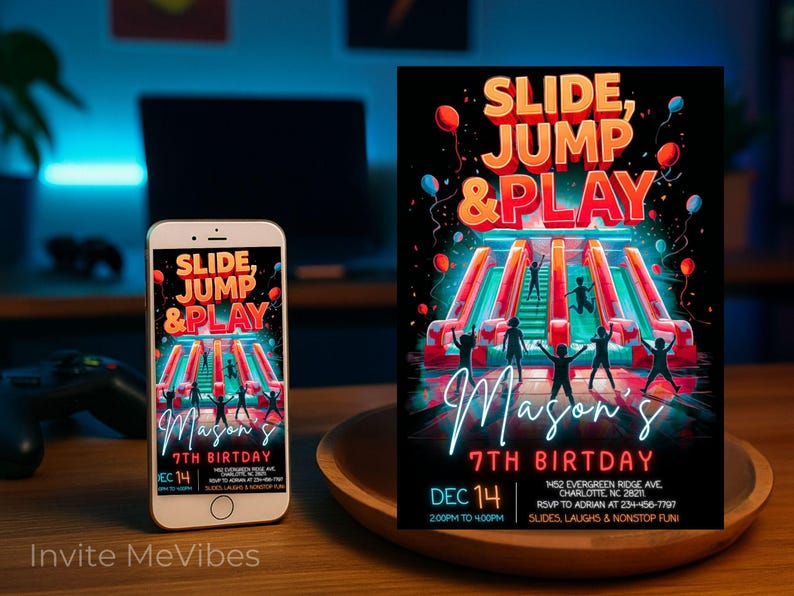 Indoor Slide Birthday Invite, Playground Jump Party, Neon City Bounce ...