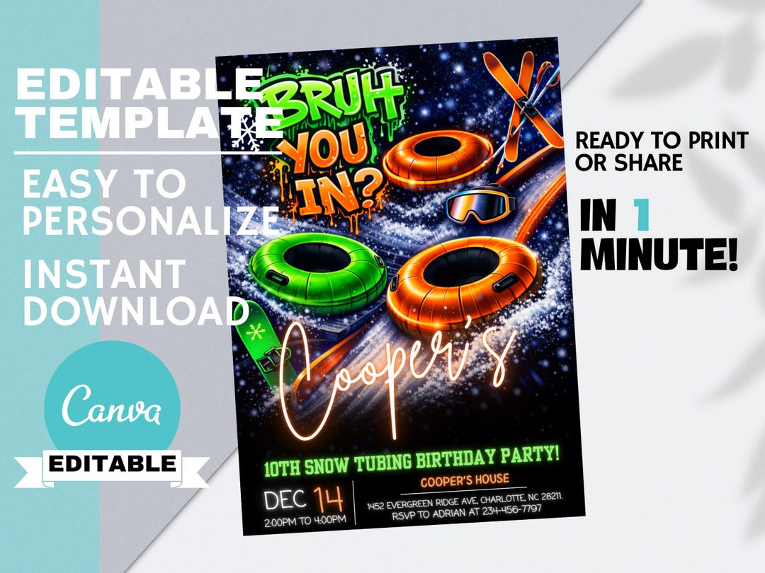 Boy Snow Tubing Birthday Invitation, Teen Winter Adventure Party, BRUH ...