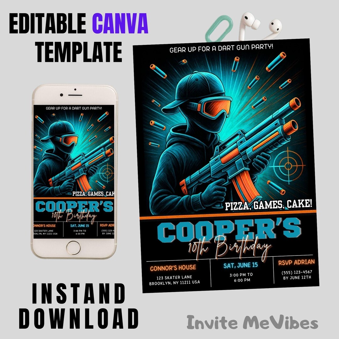 Dart Gun Birthday Invitation | Epic Gamer Teen Party | Editable Nerf ...