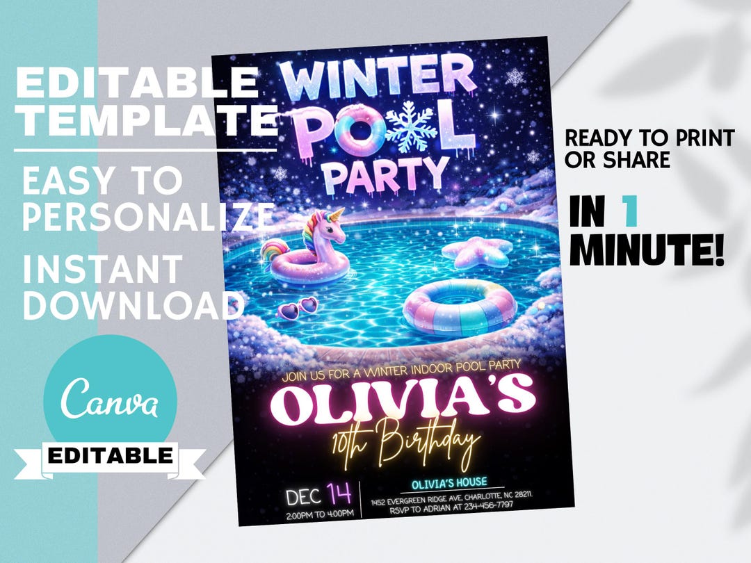 Editable Winter Pool Party Birthday Invitation, Girl Indoor Swimming ...