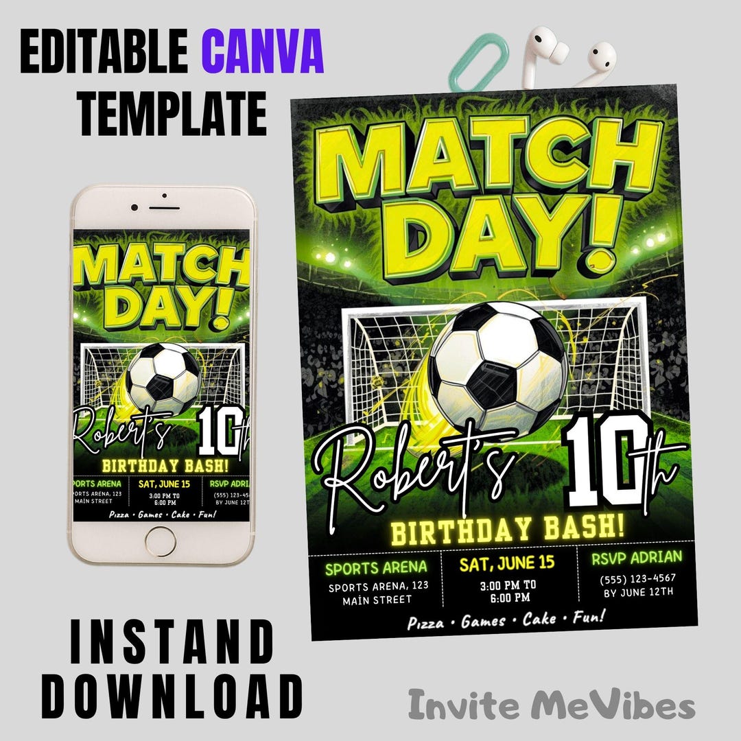 Soccer Birthday Invitation, Boys Match Day Party, Sports Game Theme ...