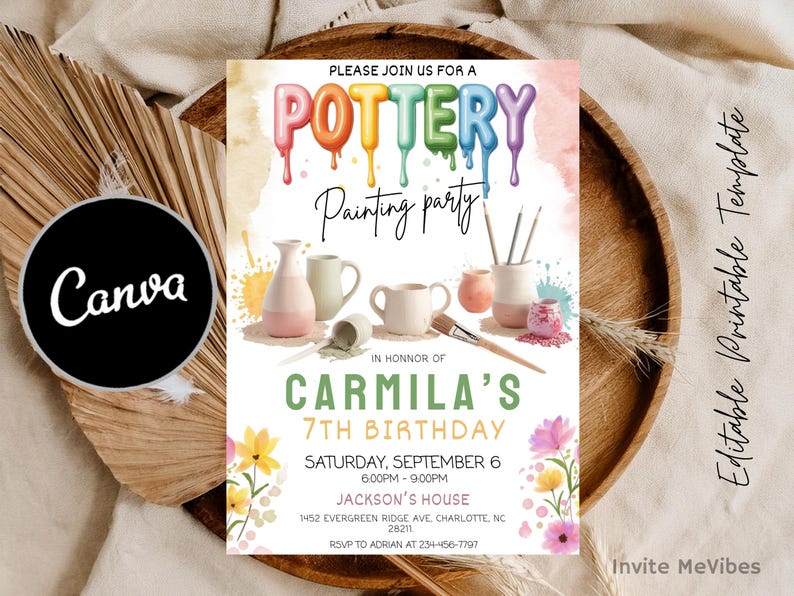 Pottery Painting Birthday Invitation, Colorful Art Invite, Clay Studio ...