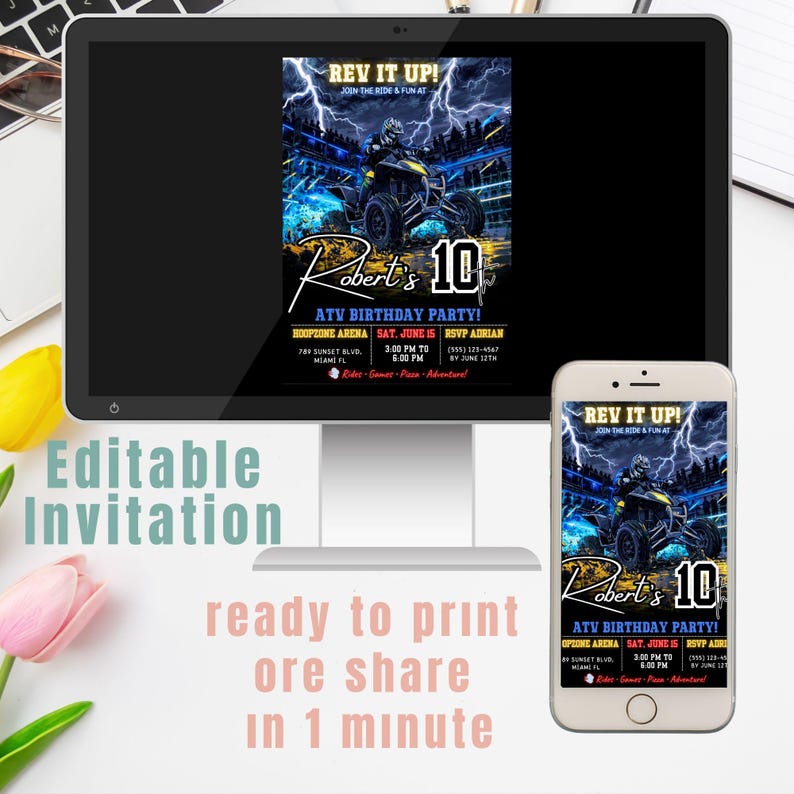 ATV Birthday Invitation: Quad Bike, off Road Theme (editable Canva ...