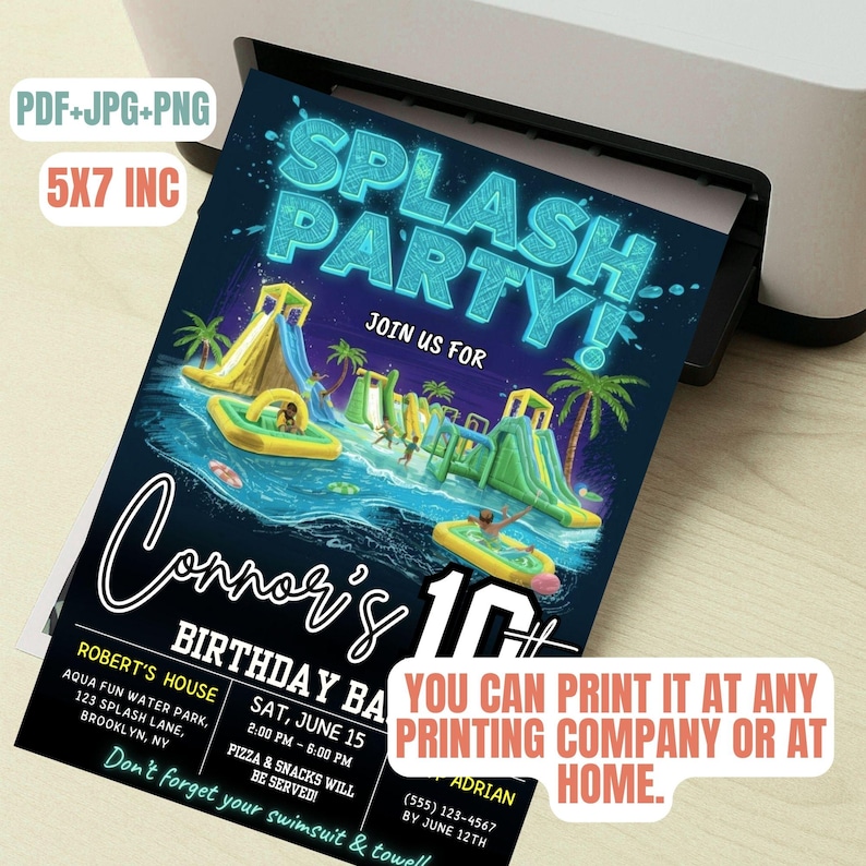 Aqua Park Splash Invitation, Water Slide Birthday Bash, Water Park Pool ...