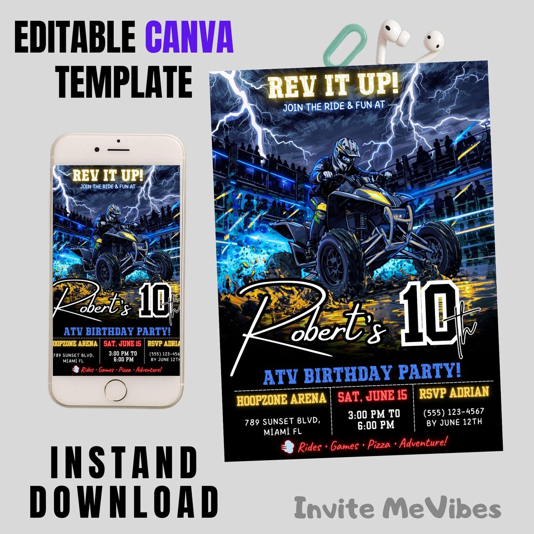 ATV Birthday Invitation: Quad Bike, off Road Theme (editable Canva ...