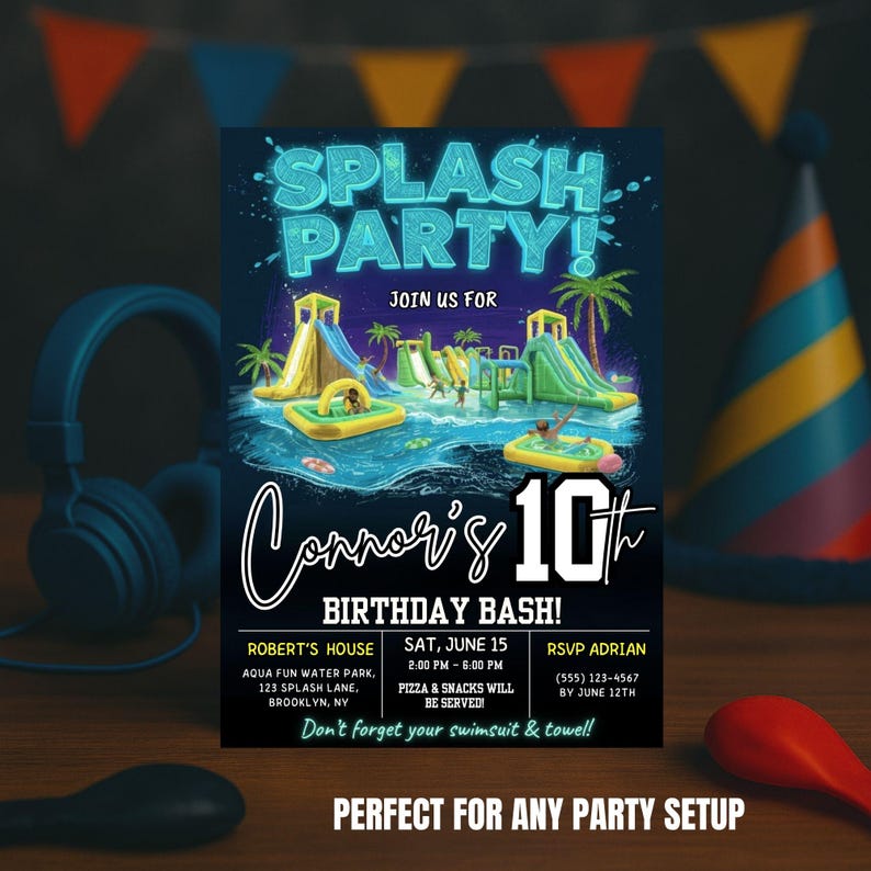Aqua Park Splash Invitation, Water Slide Birthday Bash, Water Park Pool ...