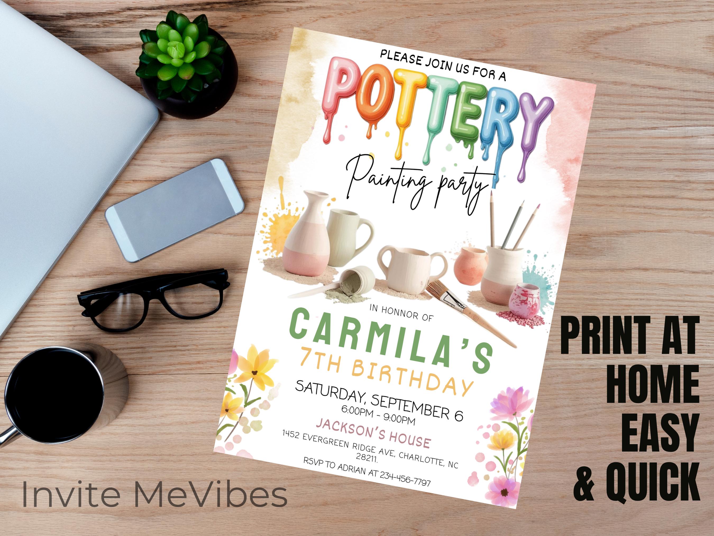 Pottery Painting Birthday Invitation, Colorful Art Invite, Clay Studio ...