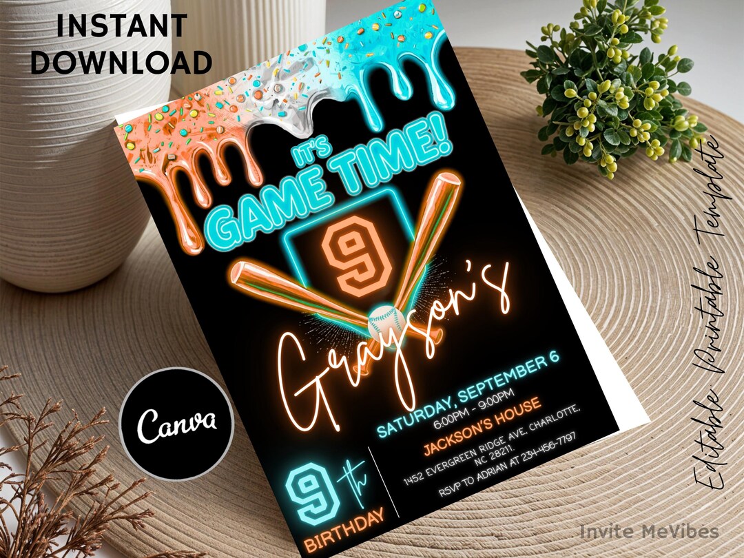 Baseball Drip Birthday Party Invitation, Ice Cream Drip, Neon Glow ...